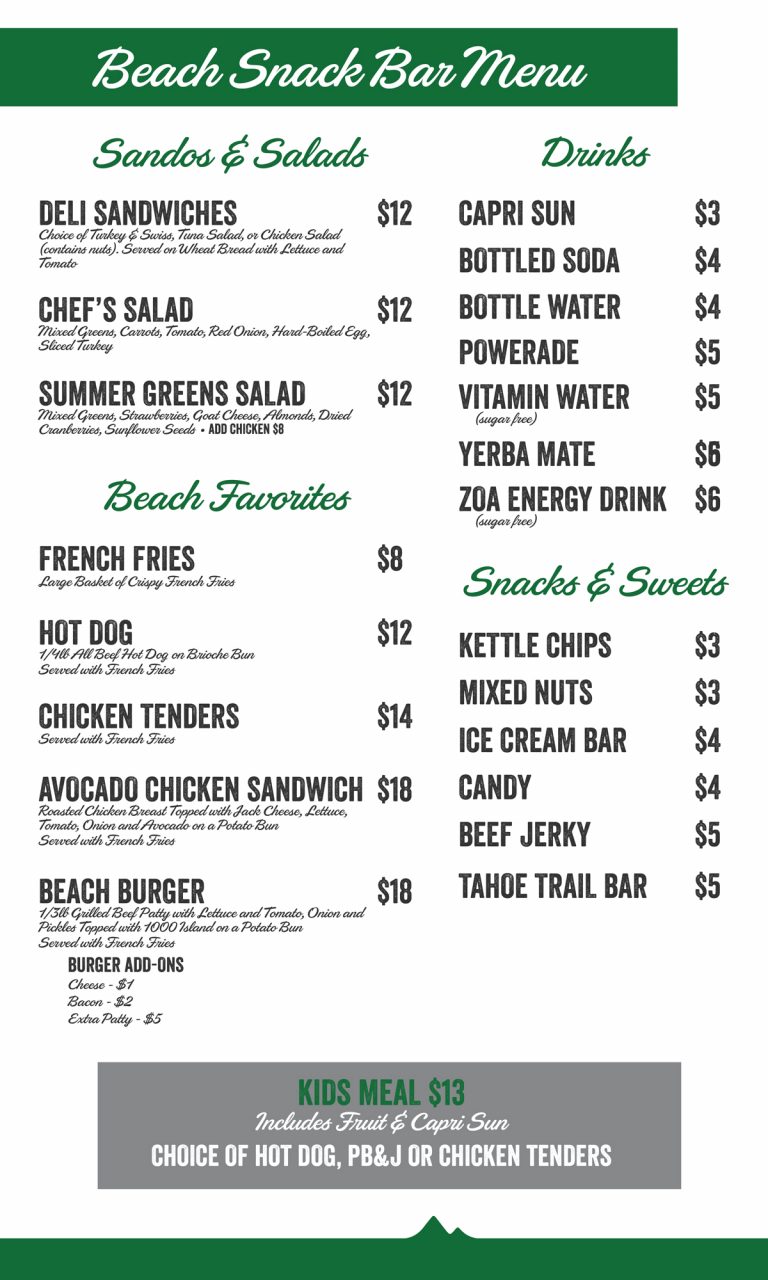 Beach Snack Bar Hours & Menu | Incline Village General Improvement District